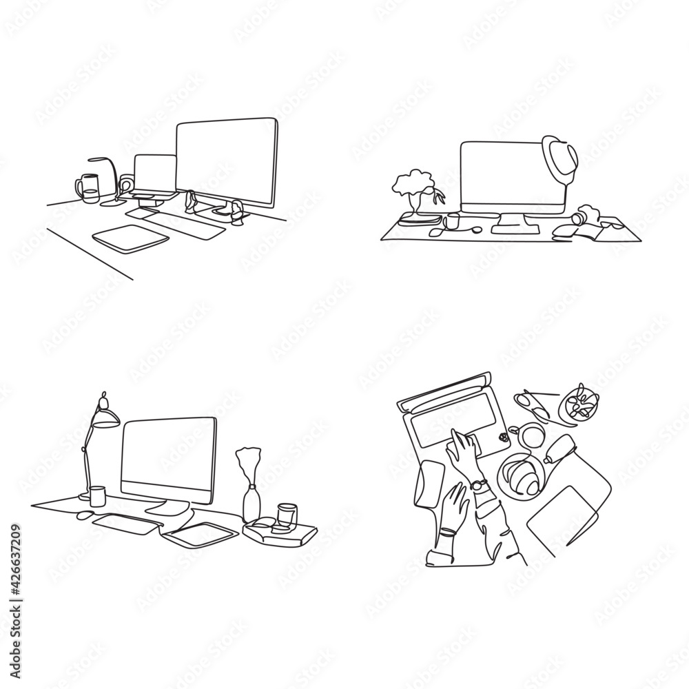 One continuous line drawing of young serious female worker sitting ...