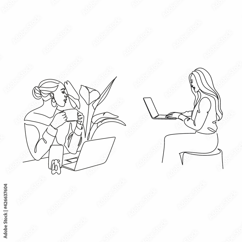 One continuous line drawing of young serious female worker sitting ...