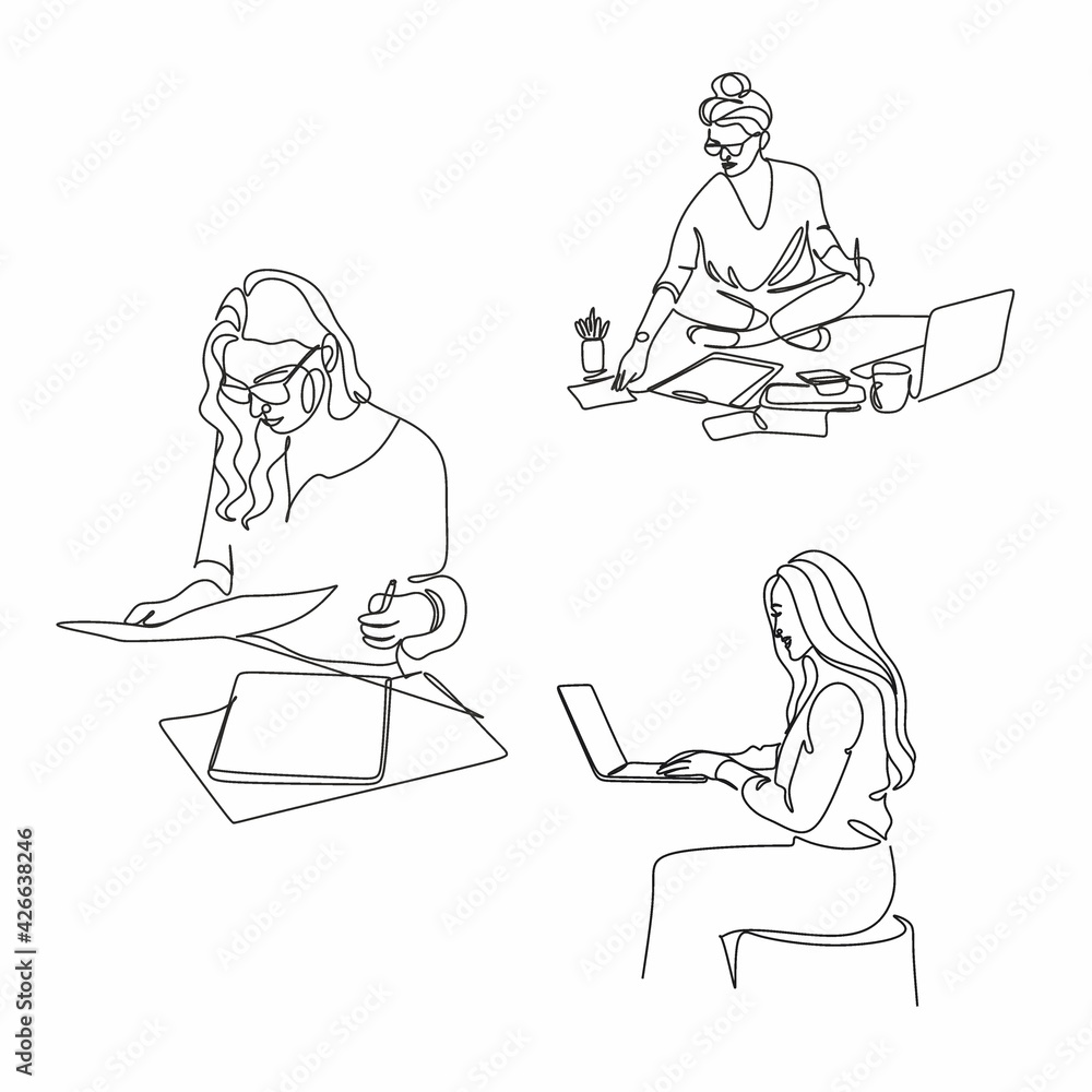 One continuous line drawing of young serious female worker sitting ...