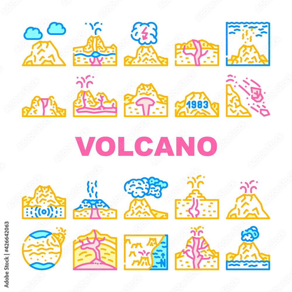 Volcano Lava Eruption Collection Icons Set Vector. Volcano Under Water ...