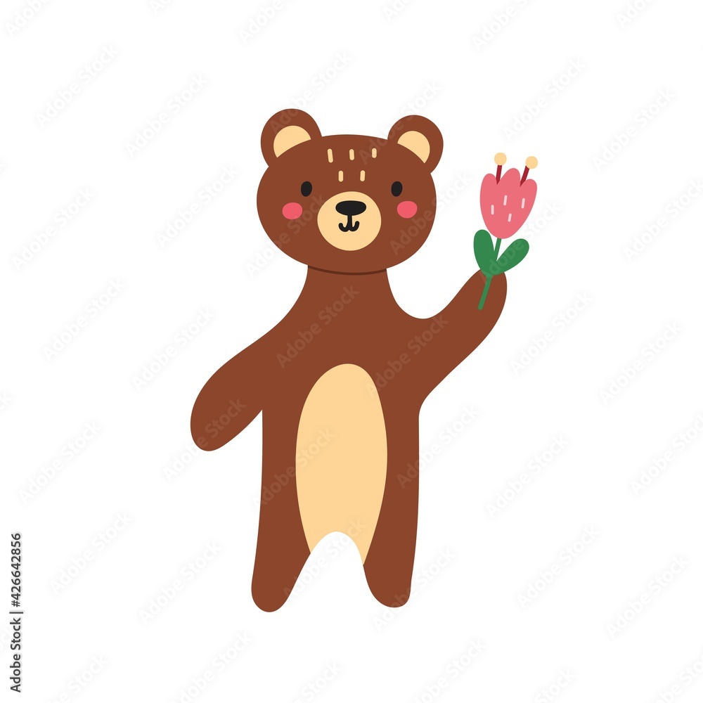 Cute brown bear with a flower. Funny forest character in standing pose ...