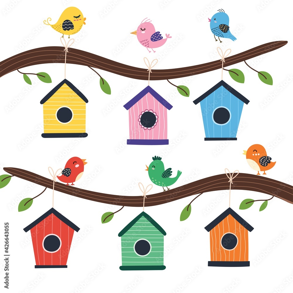 Birdhouse tree with cute birds. Nesting box set in cartoon style ...