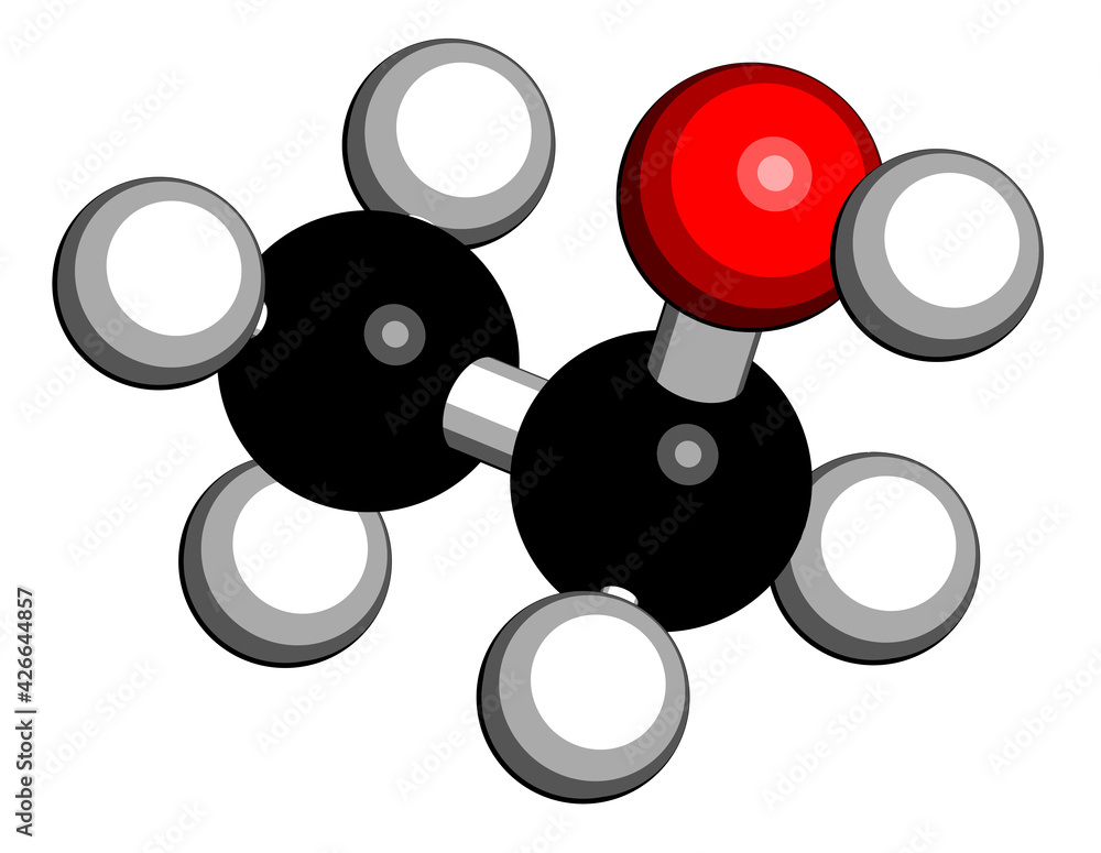 Alcohol (ethanol, ethyl alcohol) molecule, chemical structure. 3D ...