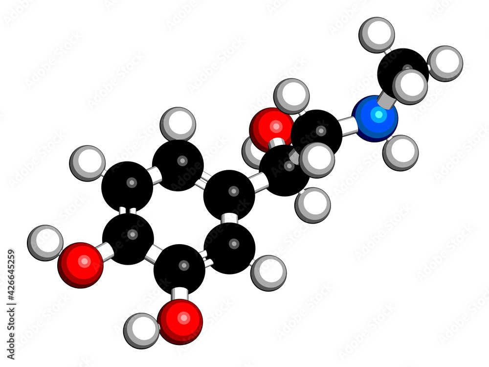 Adrenaline (adrenalin, epinephrine) neurotransmitter molecule. Used as ...