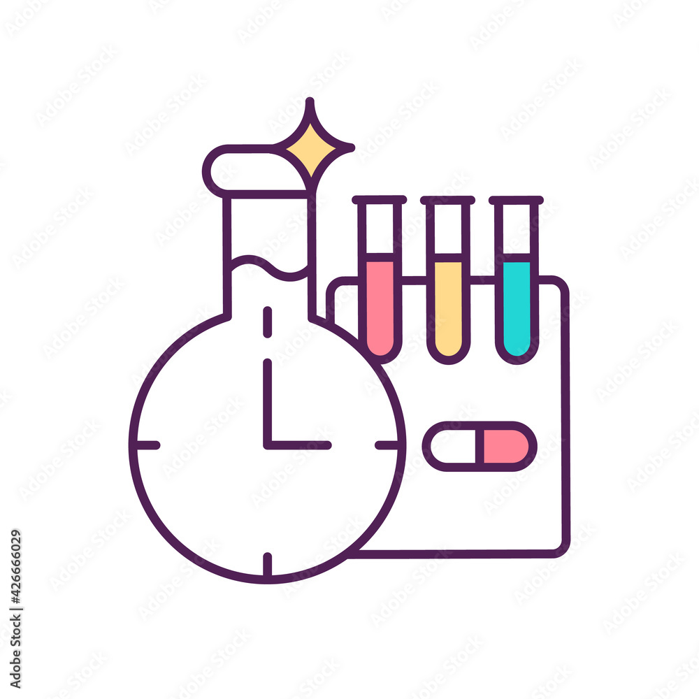 Pharmaceutical manufacturing RGB color icon. Laboratory preparations ...