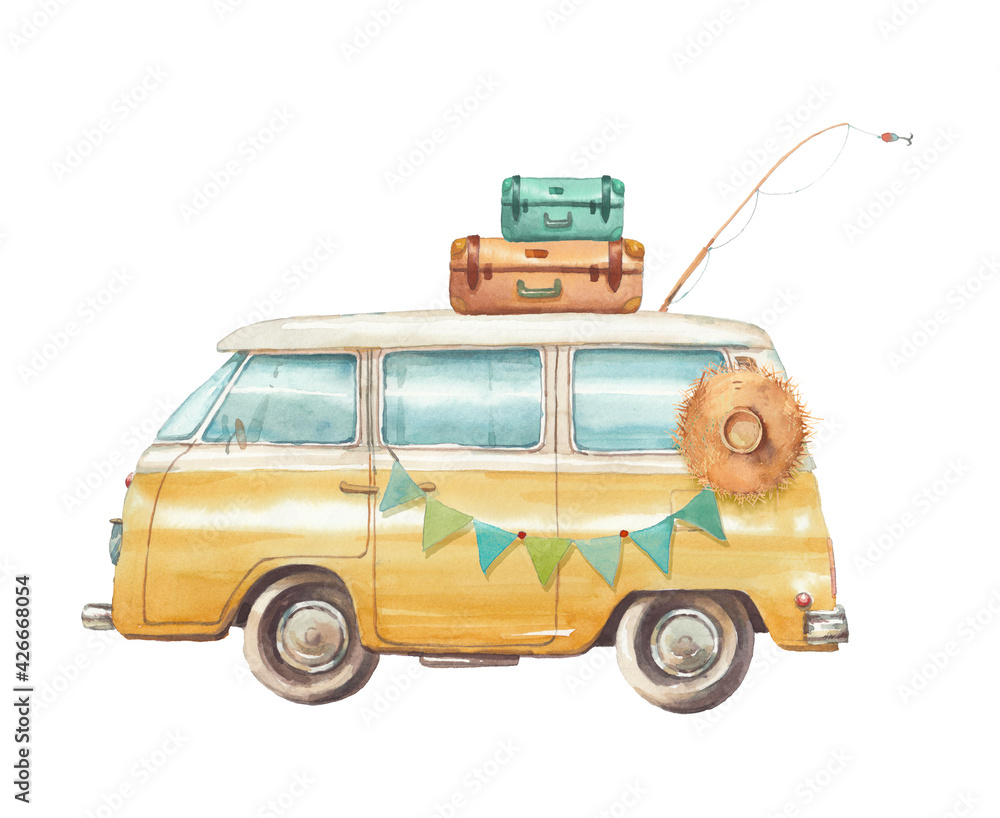 Watercolor travel van illustration. Camping cartoon vintage bus with ...