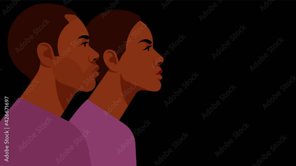 Bright black people - dark-skinned man and woman, side view, portrait ...