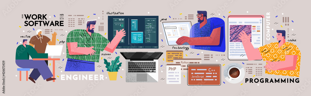 Engineer, software and programming. Vector illustration of working ...