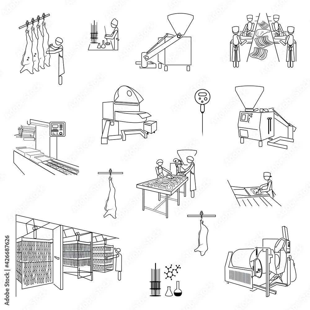 Vecteur Stock Meat processing plant, set of vector icons. Processing of ...