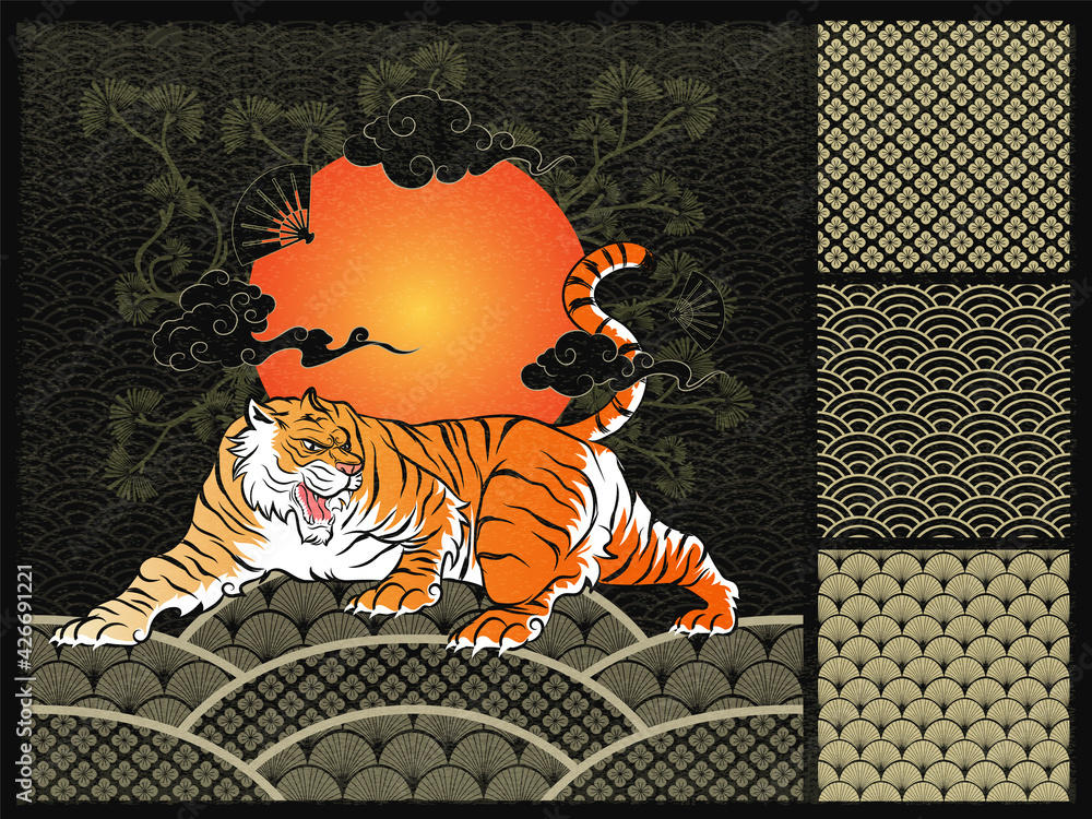Abstract Art Japanese Fierce Tiger Walking with Moving Cloud Ornaments ...