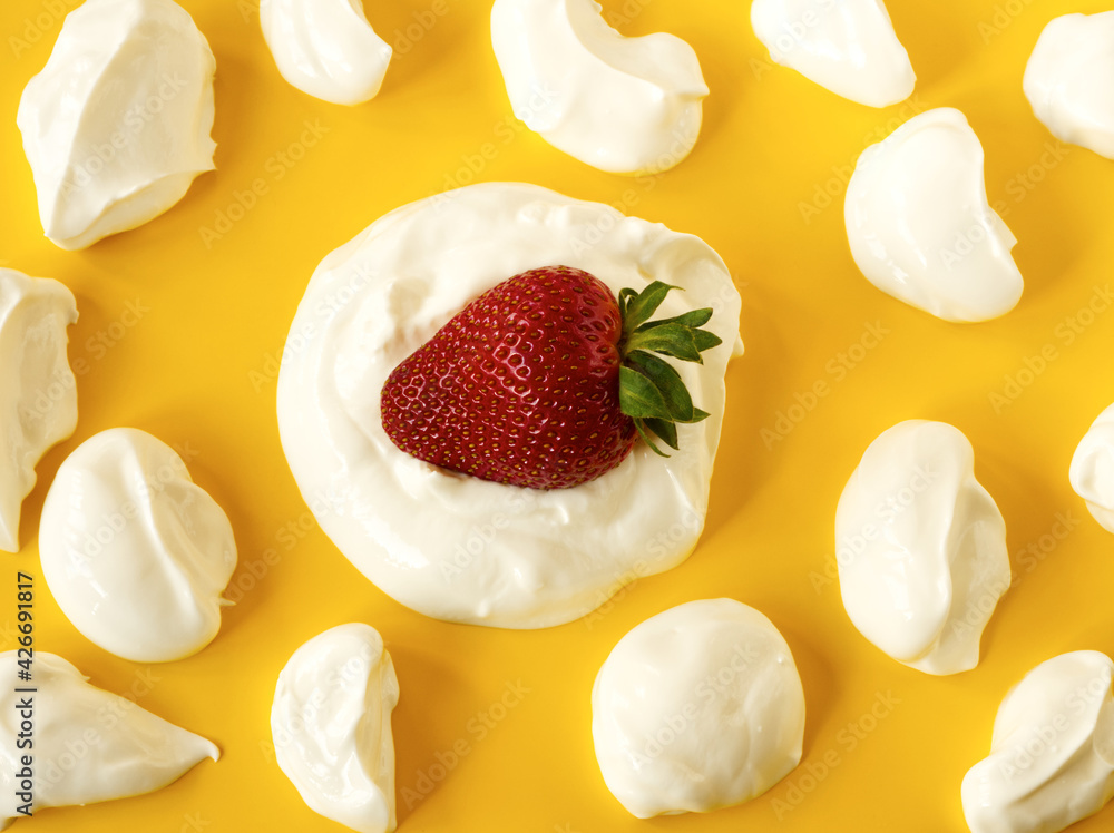 Food pattern of natural yogurt with red strawberry on yellow background ...