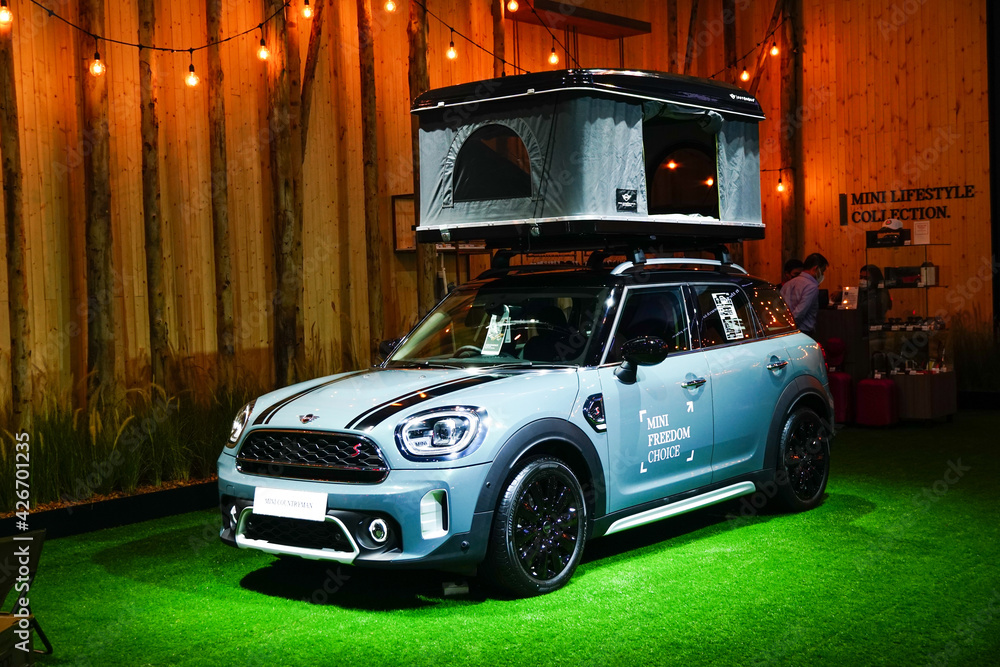 Bangkok, Thailand - 26 March 2021: Camping car mini cooper s, Roof top ...
