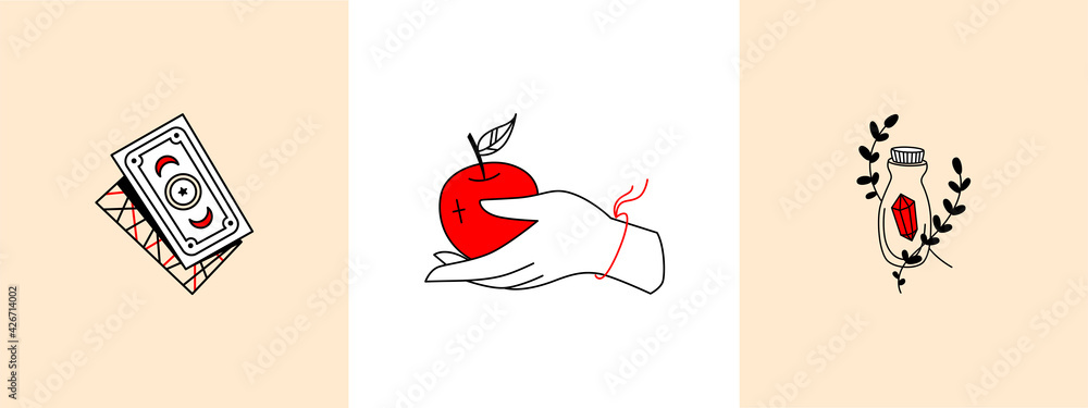 Set of linear magic symbols, logos, female hand, objects, tarot card ...