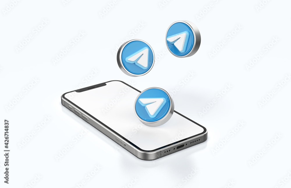 Smartphone mockup with telegram icons in realistic 3D rendering. Blank ...
