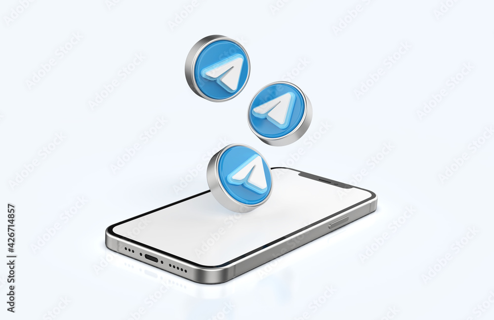 Smartphone mockup with telegram icons in realistic 3D rendering. Blank ...