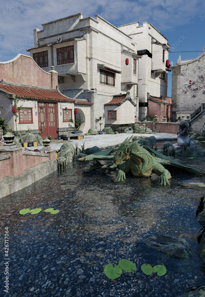 Dragon Bathing in an Asian Courtyard Pool, 3d digitally rendered ...
