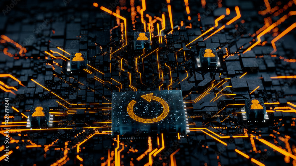 Reload Technology Concept with refresh symbol on a Microchip. Orange ...