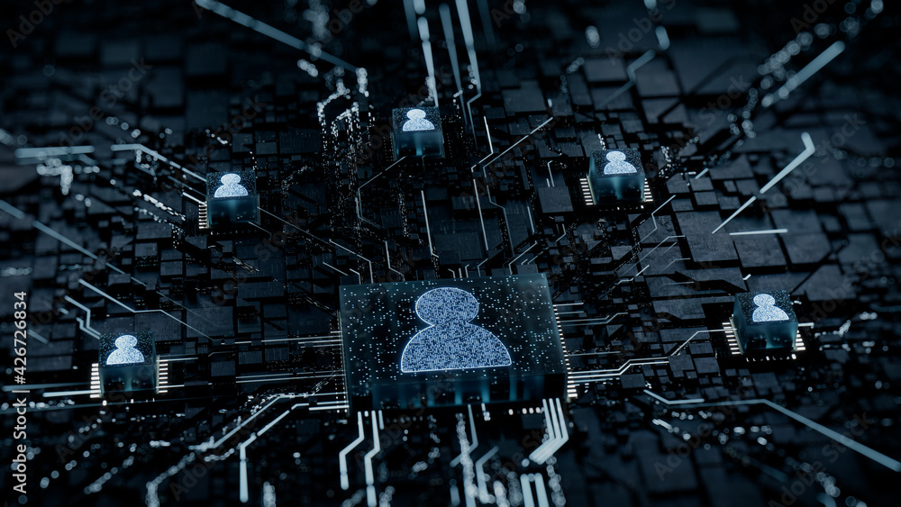 Social Technology Concept with user symbol on a Microchip. White Neon ...