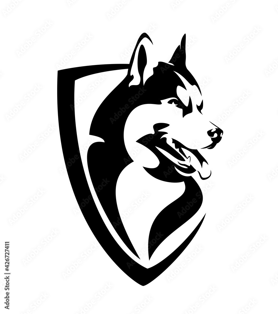 siberian husky head and simple heraldic shield - guard dog insignia ...