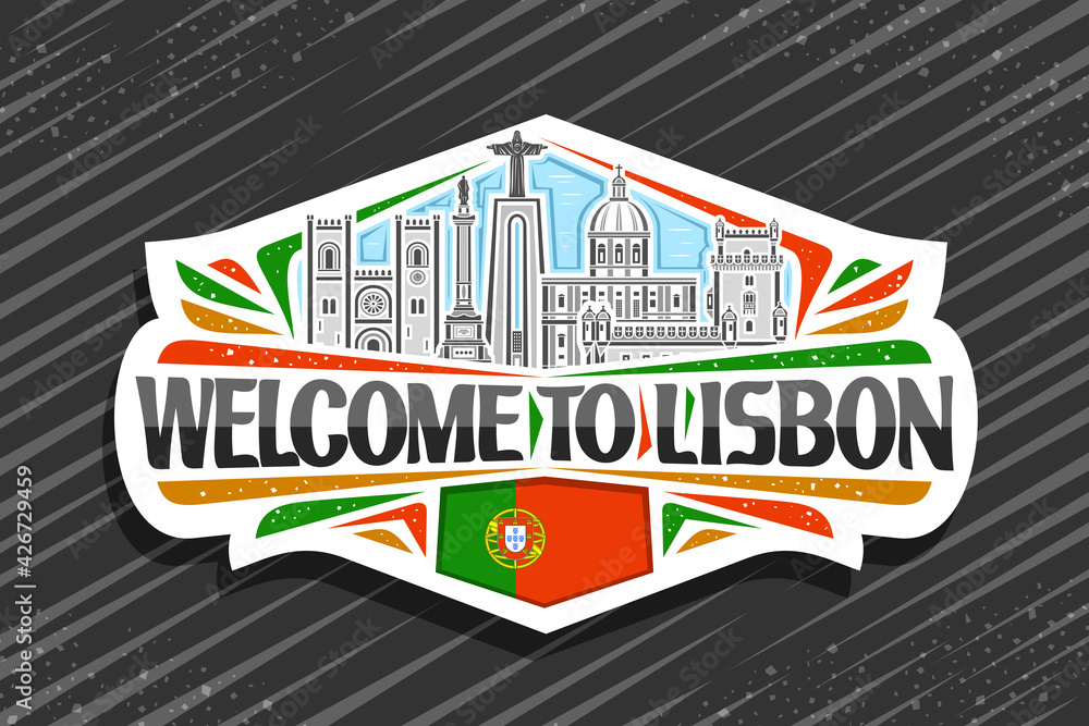 Vector logo for Lisbon, white decorative sticker with illustration of ...