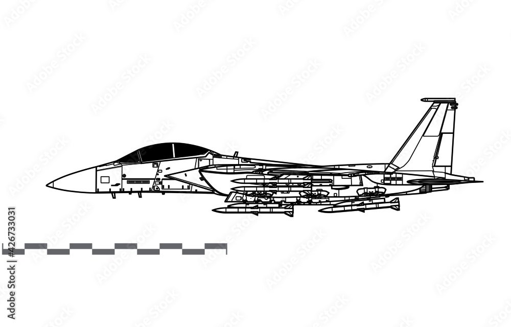 Boeing F-15EX EAGLE II. Vector drawing of air superiority fighter. Side ...