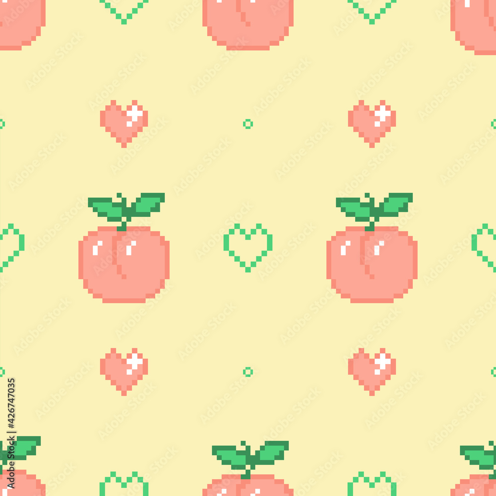 Vetor de Cute pixel art peach and heart seamless pattern. Retro game 8 ...