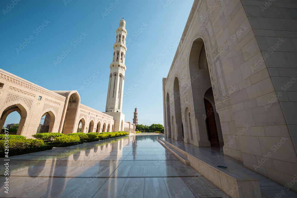 Exterior view of Sultan Qaboos Mosque, Muscat, Oman. A panoramic shot ...