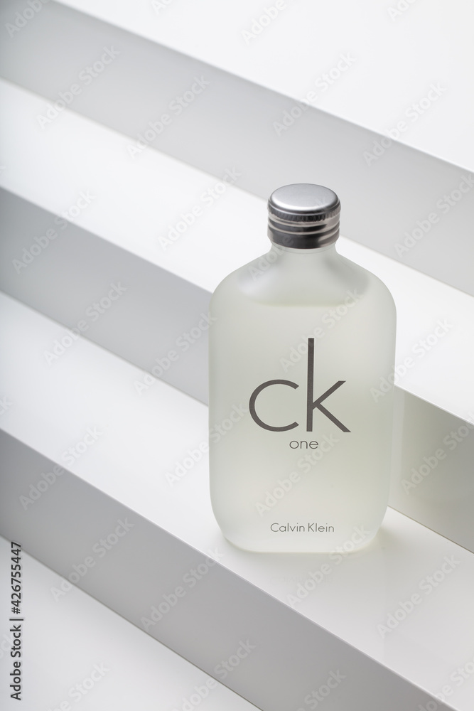 Iconic bottle of CK One Eau De Toilette Calvin Klein on the white ...