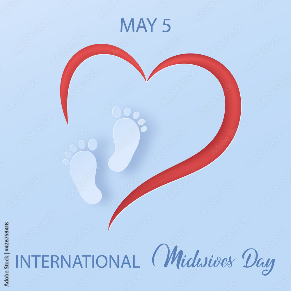 Midwives day, 5 may. Baby feet silhouette on red heart background ...