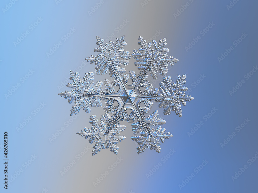 Snowflake on smooth blue background. Macro photo of real snow crystal ...