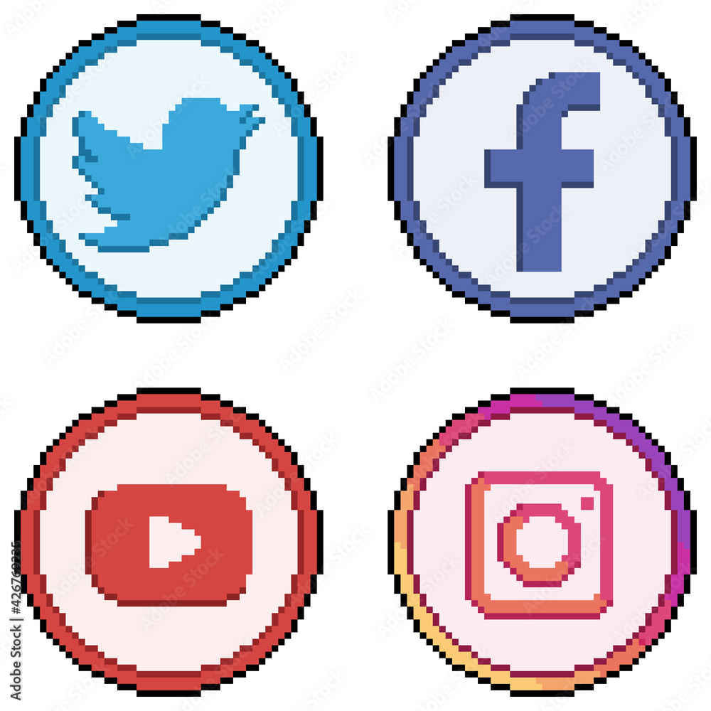 Icons social media and social networks in pixel art Twitter, facebook, youtube and instagram ...