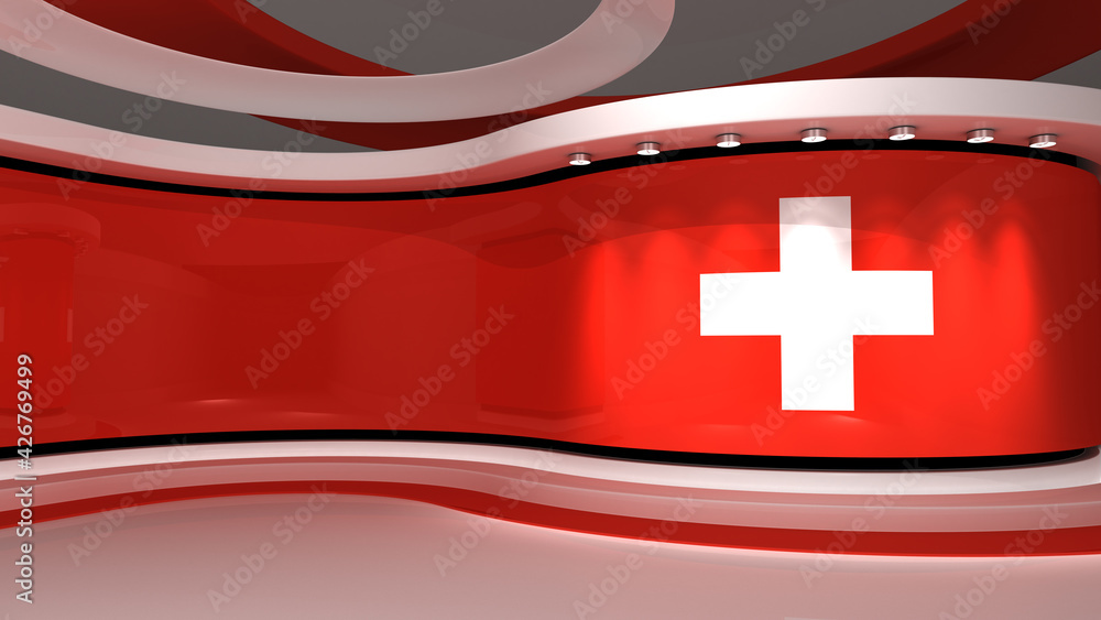 Switzerland. Swiss flag flag studio. Swiss flag background. TV studio ...