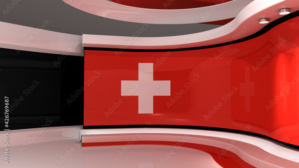 Switzerland. Swiss flag flag studio. Swiss flag background. TV studio ...