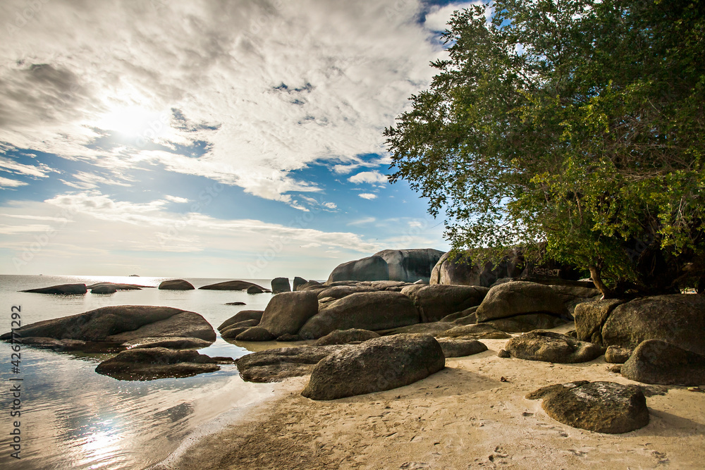 Beautiful seascape with big rock formation of Tanjung Tinggi Beach in ...