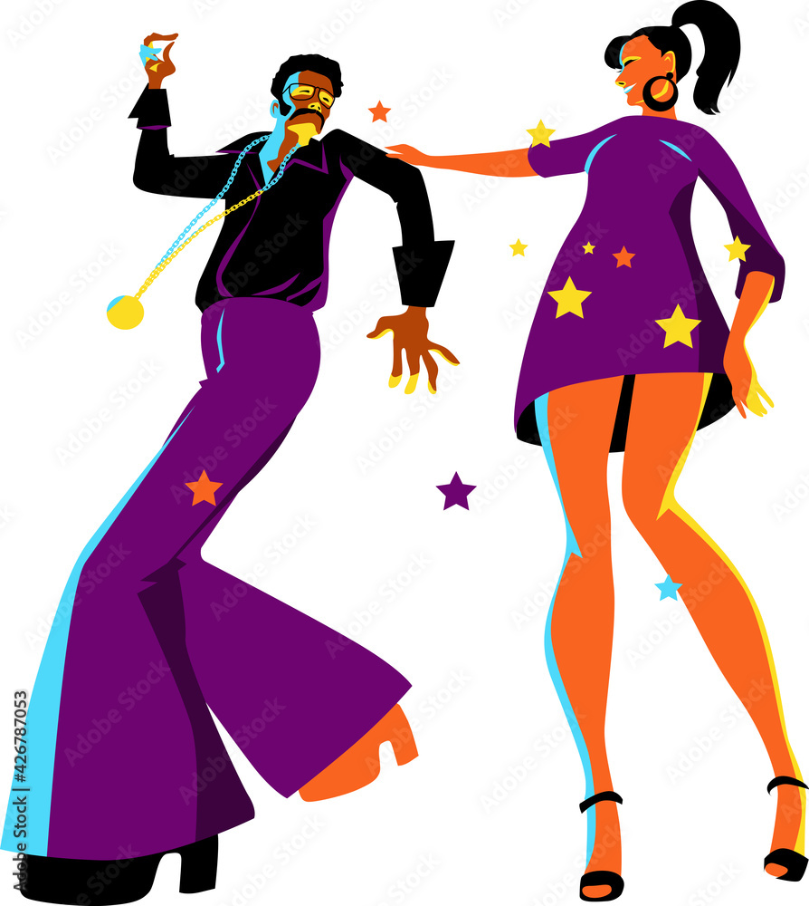 Young hip couple dressed in 70s fashion dancing disco, view from below ...
