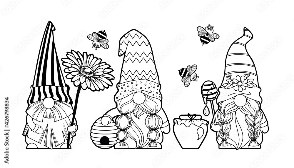 Set gnomes with honey and bees, hello spring summer, honey jar, gnomes ...