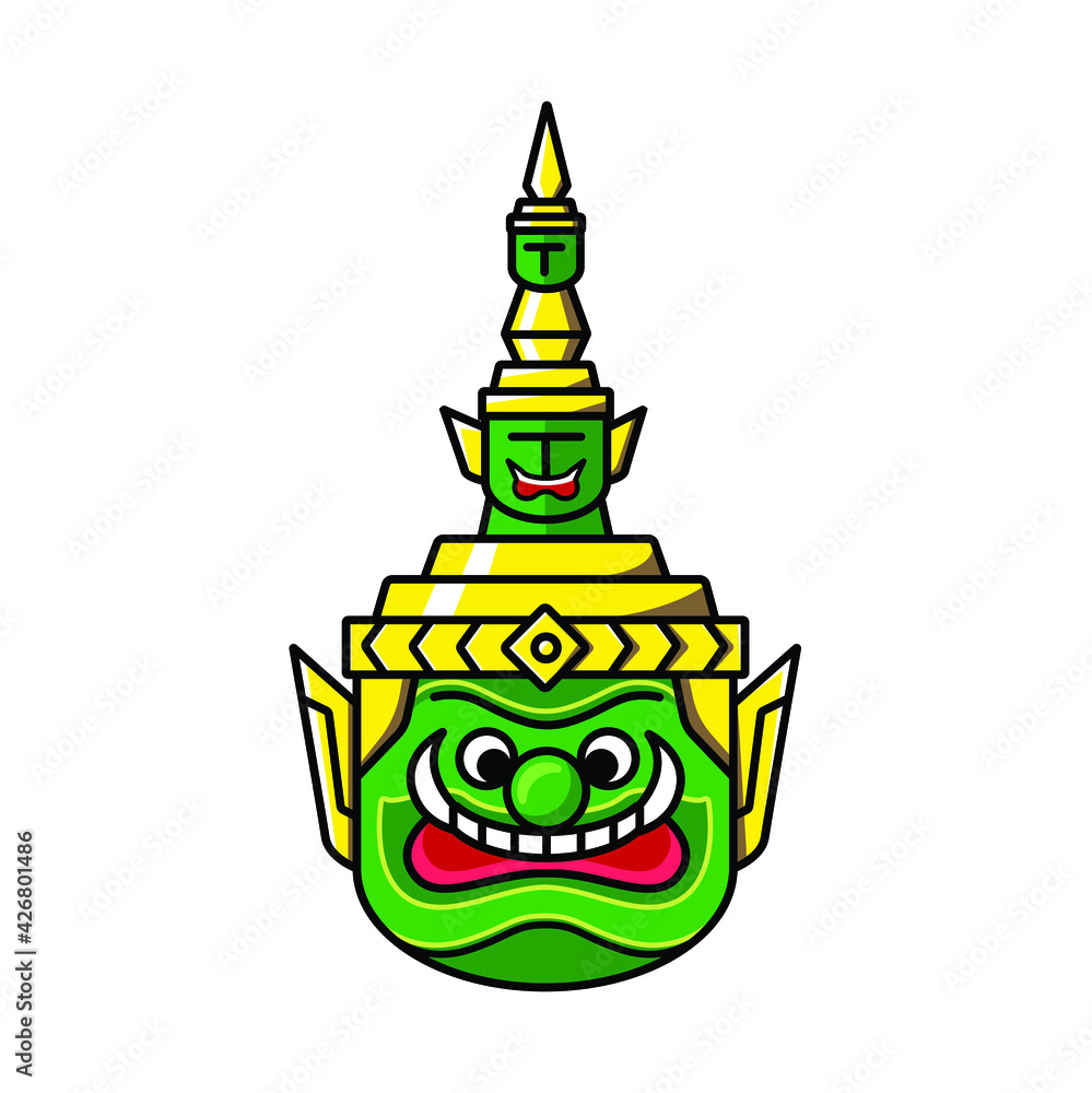 Ravana face mask in Thai culture dancing drawing isolated vector. Hand ...