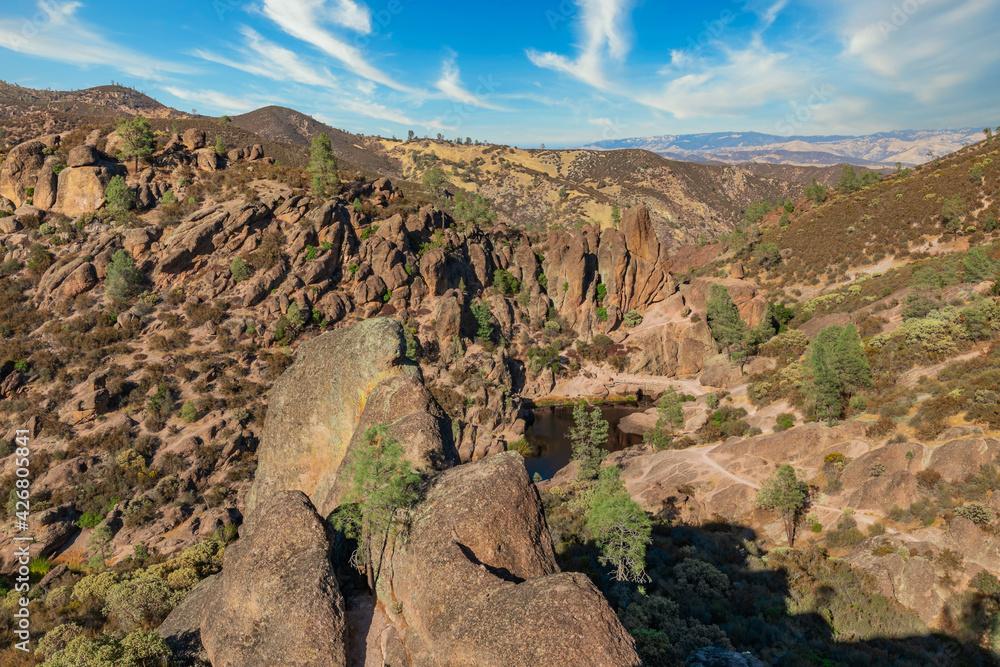 Rock formations in Pinnacles National Park in California, the destroyed ...