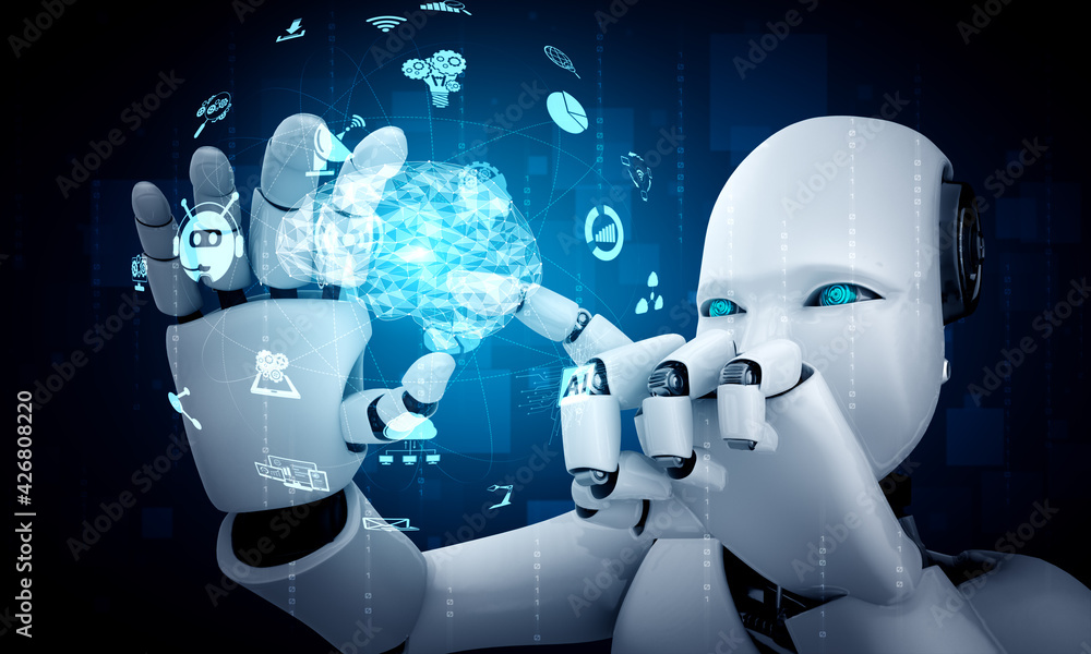 Robot humanoid hold HUD hologram screen in concept of AI thinking brain ...