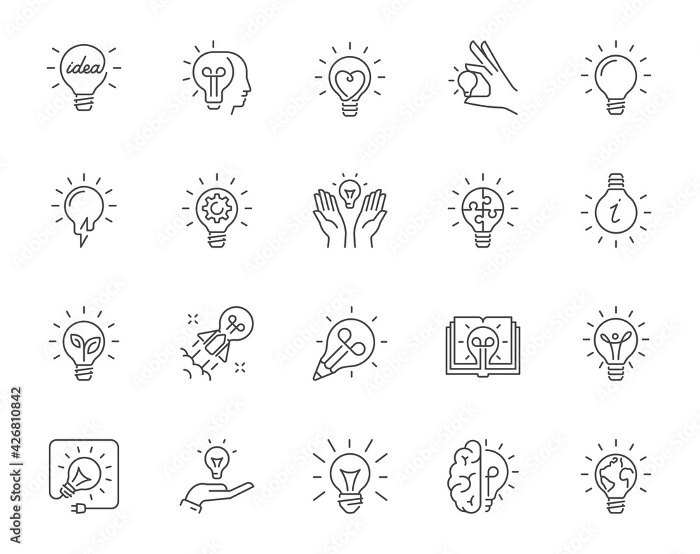 Set of vector outline icons of light bulbs with various symbols of ...