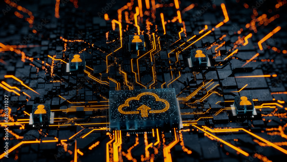Data storage Technology Concept with cloud upload symbol on a Microchip ...