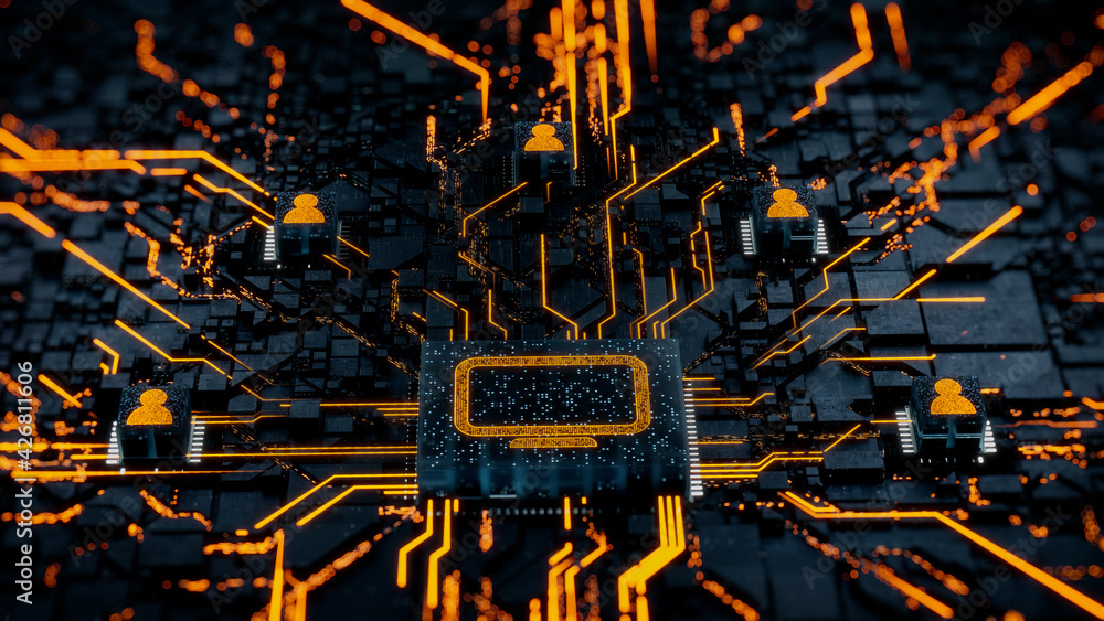 Display Technology Concept with Monitor symbol on a Microchip. Orange ...