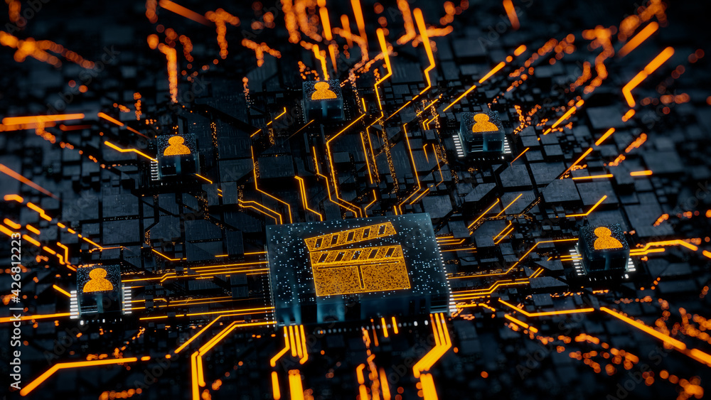 Entertainment Technology Concept with movie symbol on a Microchip ...