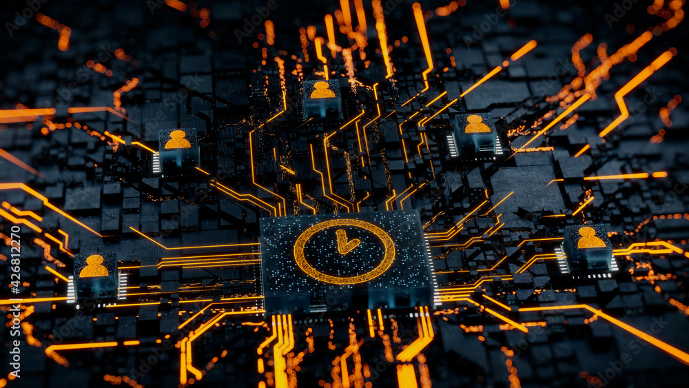 Time Technology Concept with clock symbol on a Microchip. Orange Neon ...