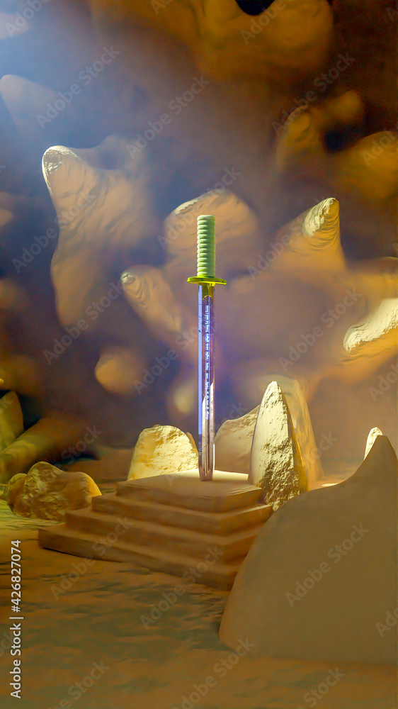 Sword in the stone with light rays and dust specs in a dark cave Stock ...