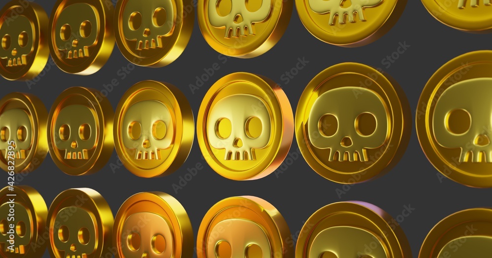 3D rendering illustration of many Golden coins with skull symbol ...