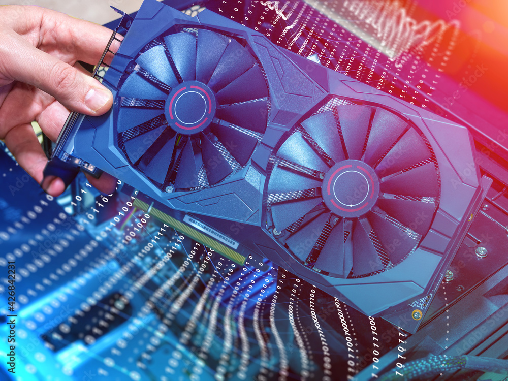 Binary code pass through the video card. Digital data concept. Zeros ...