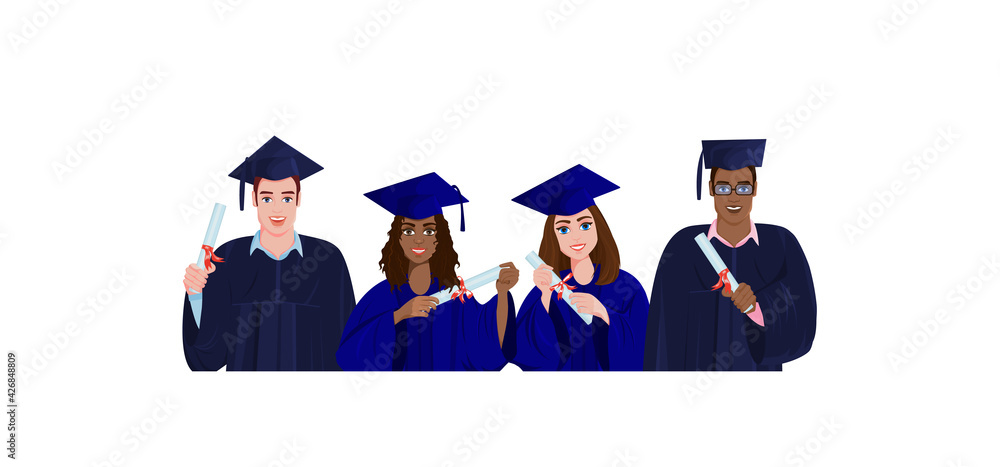 Happy graduates in black gowns and tassel hats. In the hands of ...