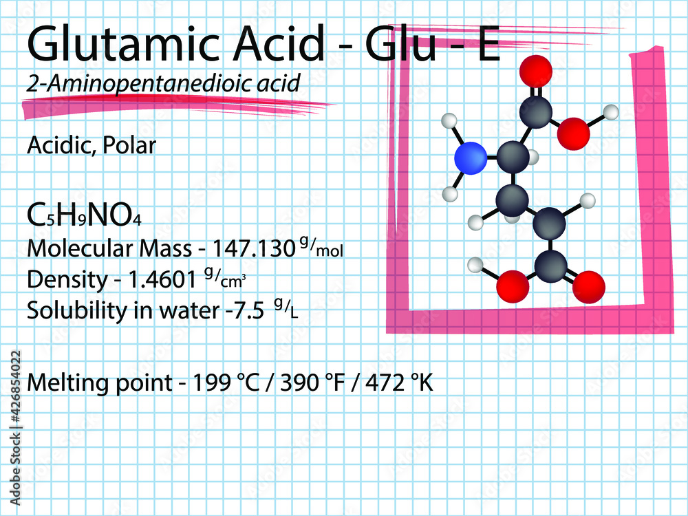 Glutamic acid - Glu - E - Non Essential Amino Acid molecular formula ...