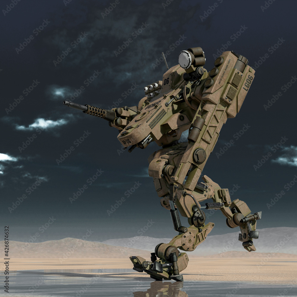 combat mech is marching on desert after rain Stock Illustration | Adobe ...
